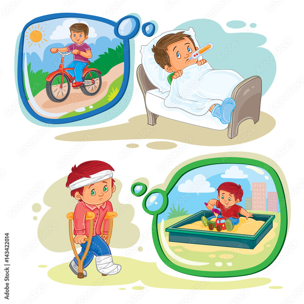Set of clip art illustrations little boy sick and dream to recover ...