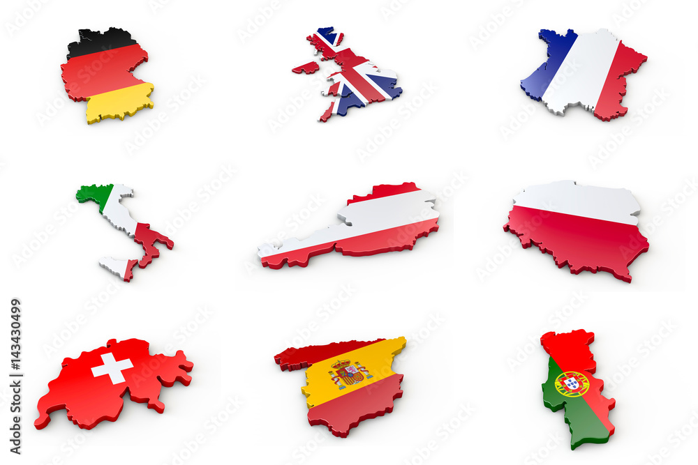 3D Länder in Europa - Konturen, Umriss, Grenzen ilustración de Stock ...