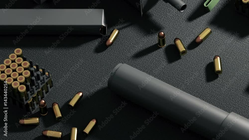 4K Animation of Set of Automatic 9mm Machine Guns with Accessories on ...