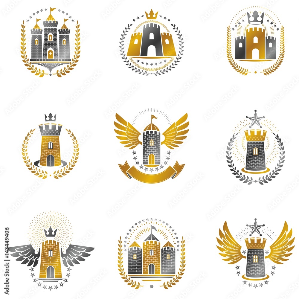 Ancient Castles emblems set. Heraldic Coat of Arms decorative logos ...