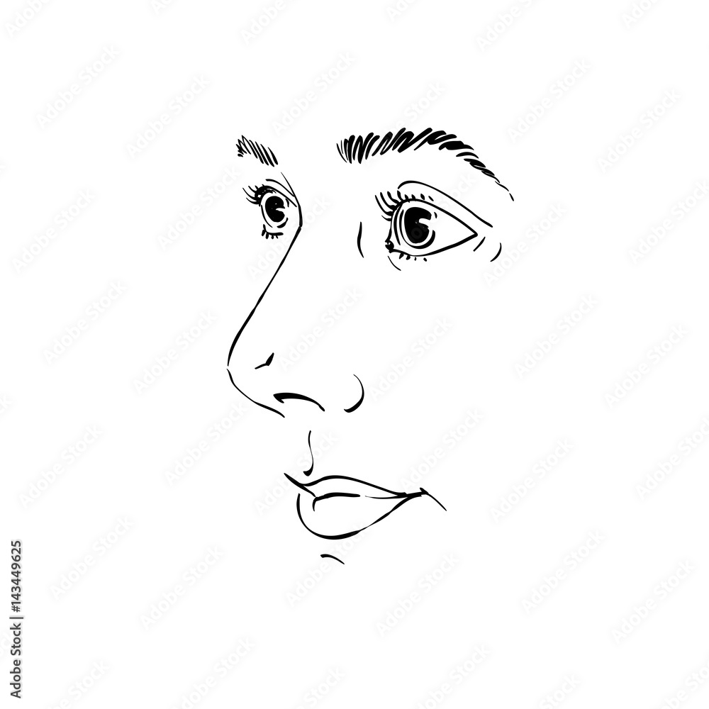 Artistic hand-drawn vector image, black and white portrait of delicate ...