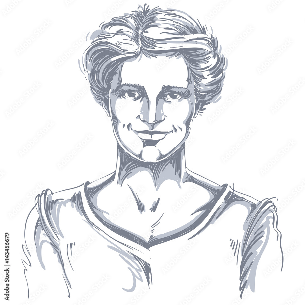 Vector drawing of smiling woman with stylish haircut. Black and white ...