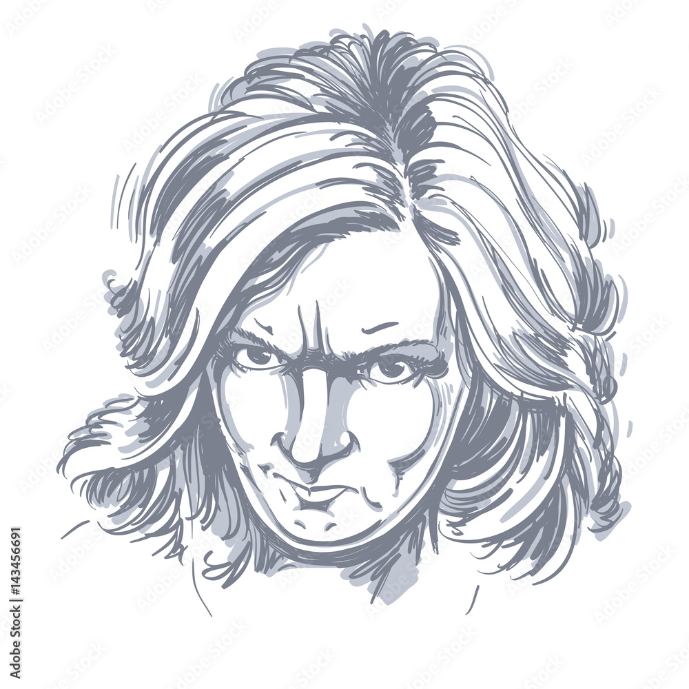 Vector portrait of angry woman with wrinkles on her forehead ...