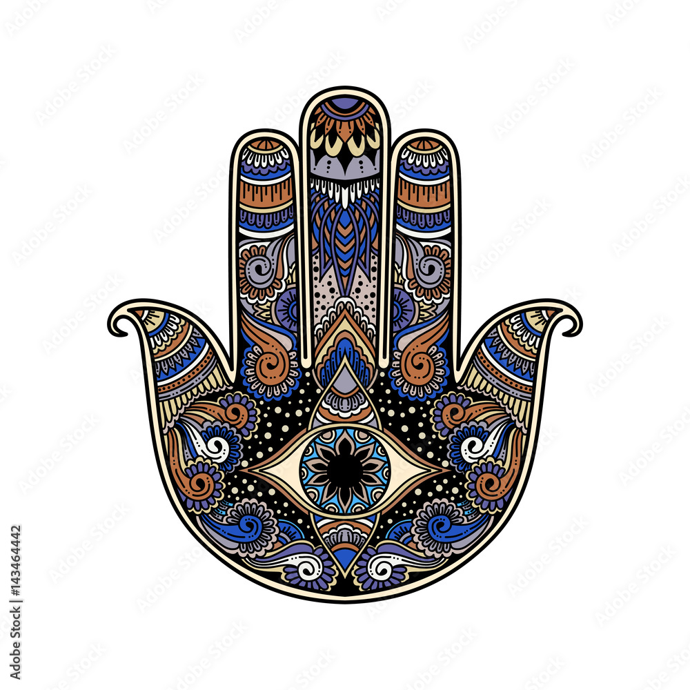 multicolor hand drawn illustration of a hamsa hand symbol. Hand of ...