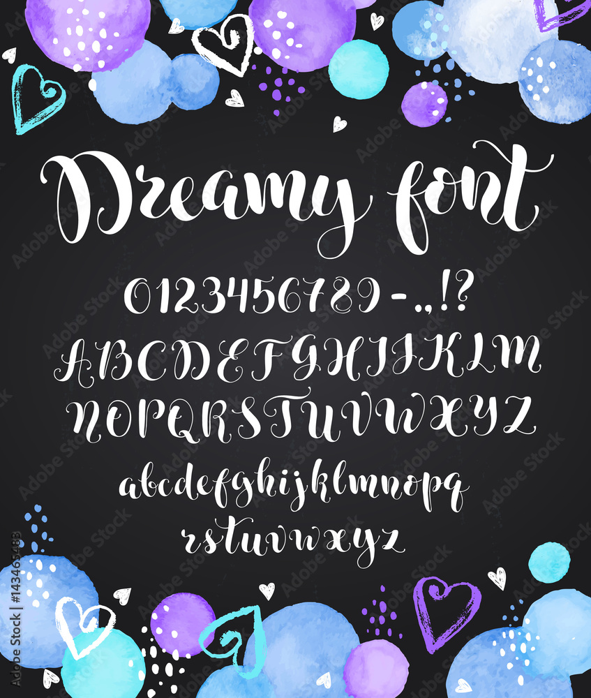 Cute calligraphy letters. Handwritten alphabet with watercolor spots on ...