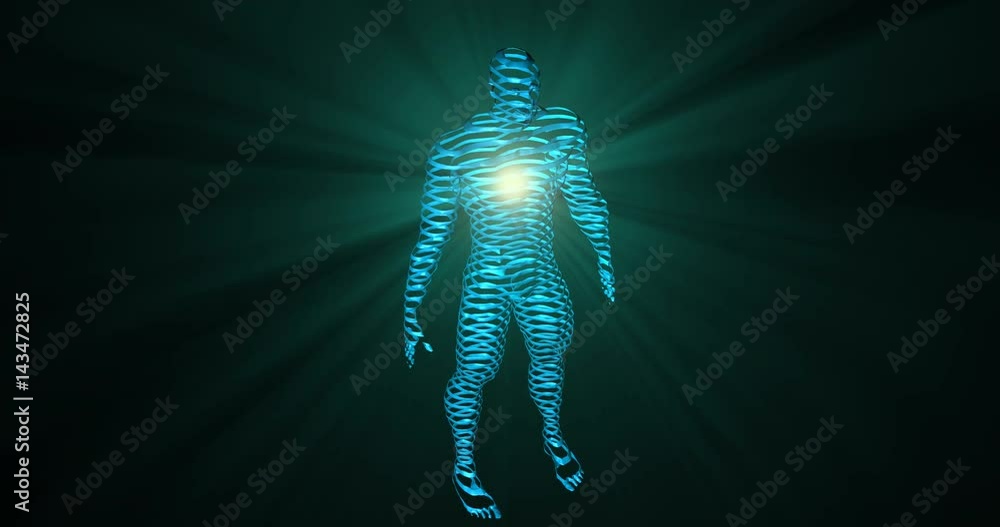 Glowing linear, stripped 3d man, rendered as 3d contour slices with ...