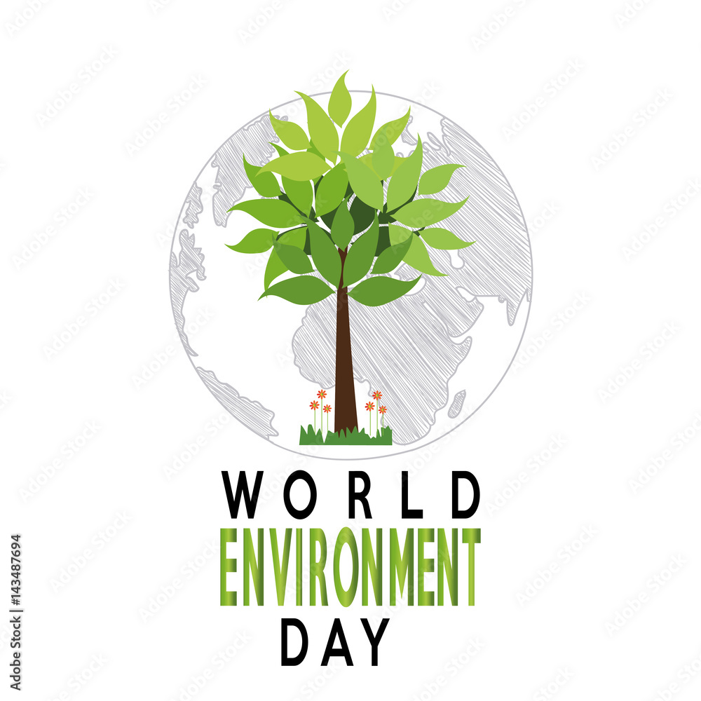vector of a world environment day, tree over planet and text over white ...