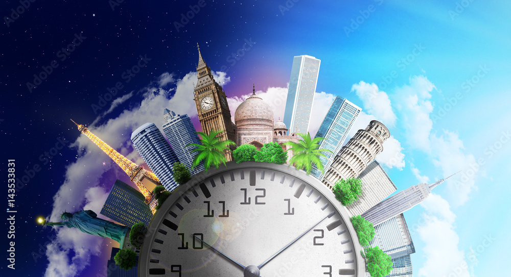 Travel concept. Time zones. World attractions around clock separated to ...