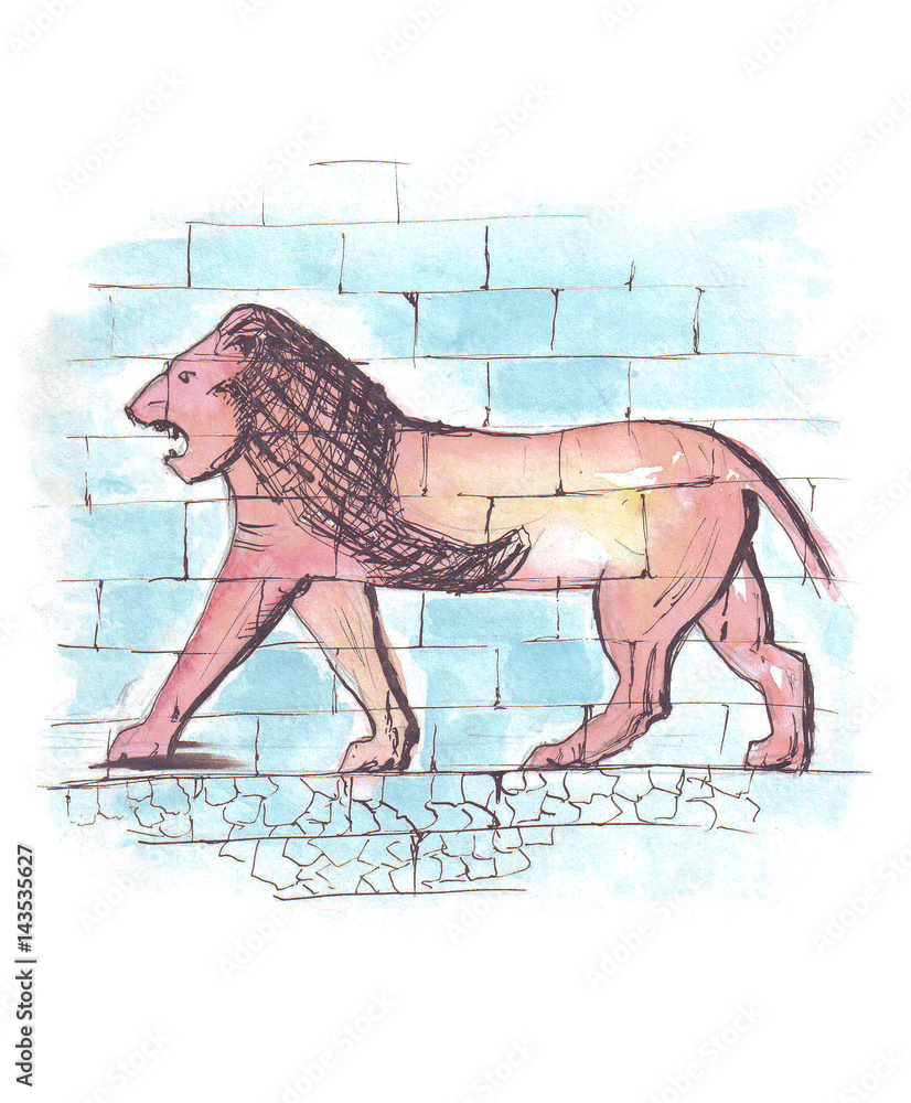 Lion depicted on the Ishtar gate of Babylon, freehand drawing. Stock ...