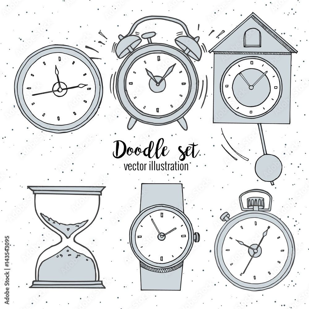 Set of doodle sketch watches. Alarm clocks, sand glasses, stop-watch ...