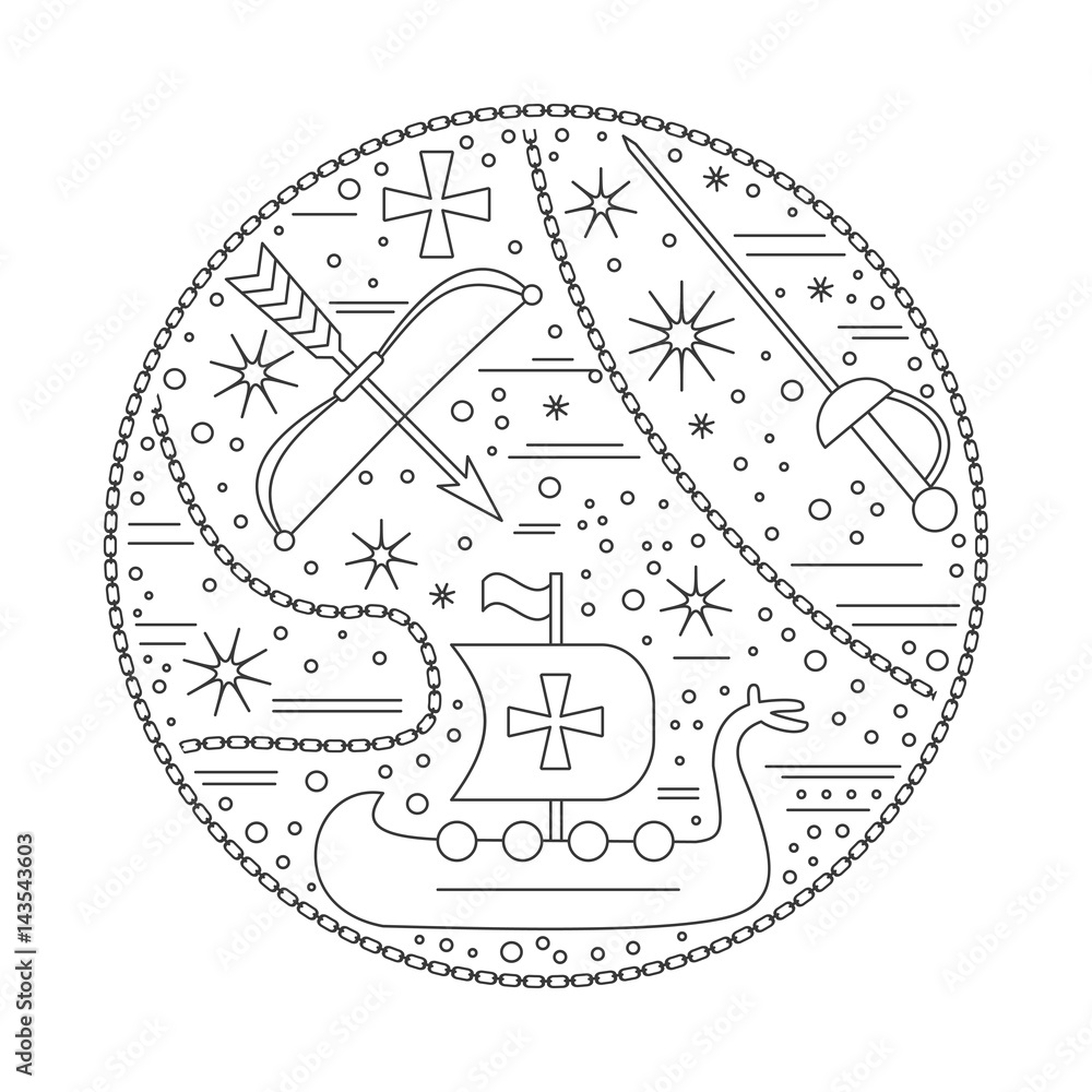 Medieval icons, symbols in round composition. Crossbow, Viking ship ...