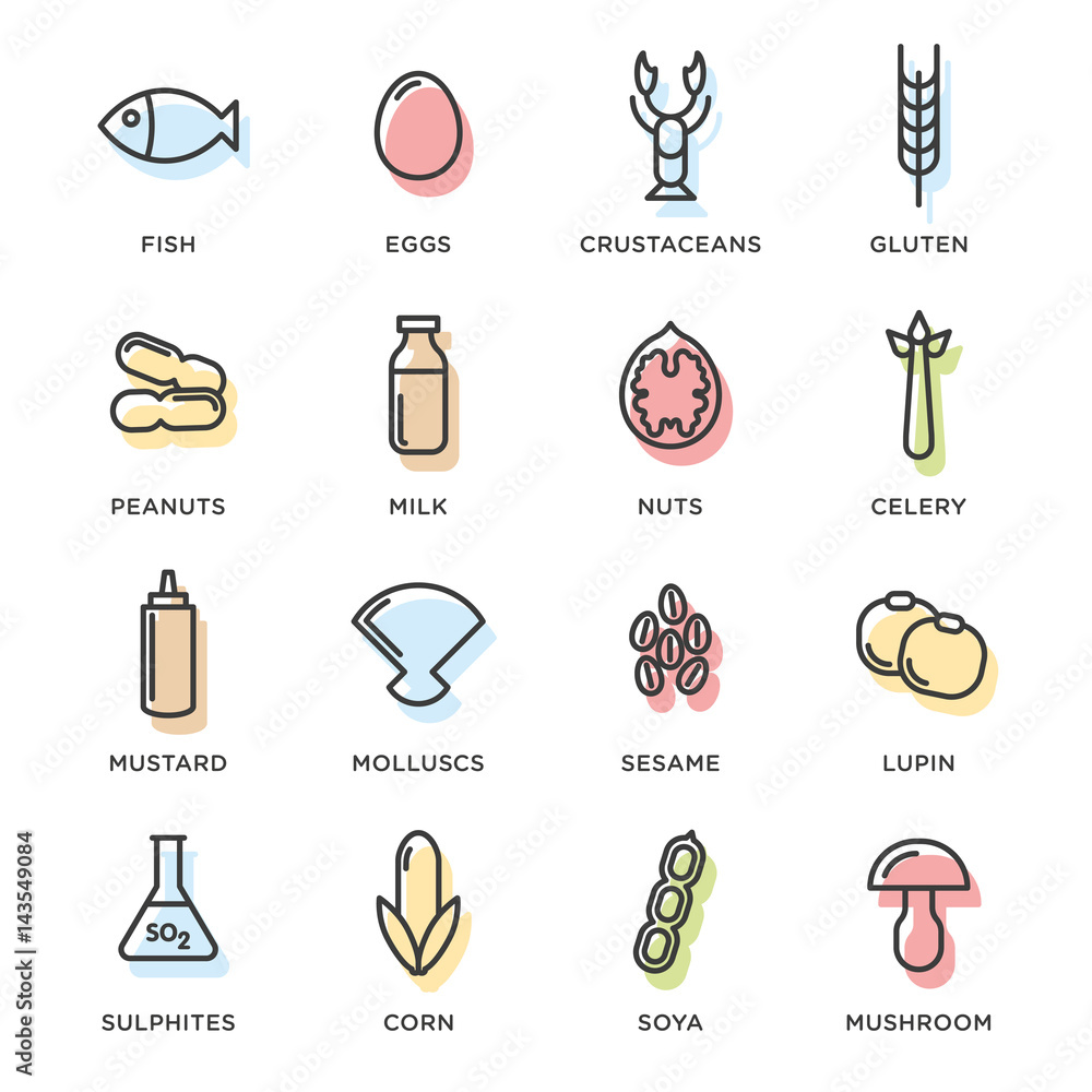 Allergen vector icons set. Food allergens symbols emblems signs ...