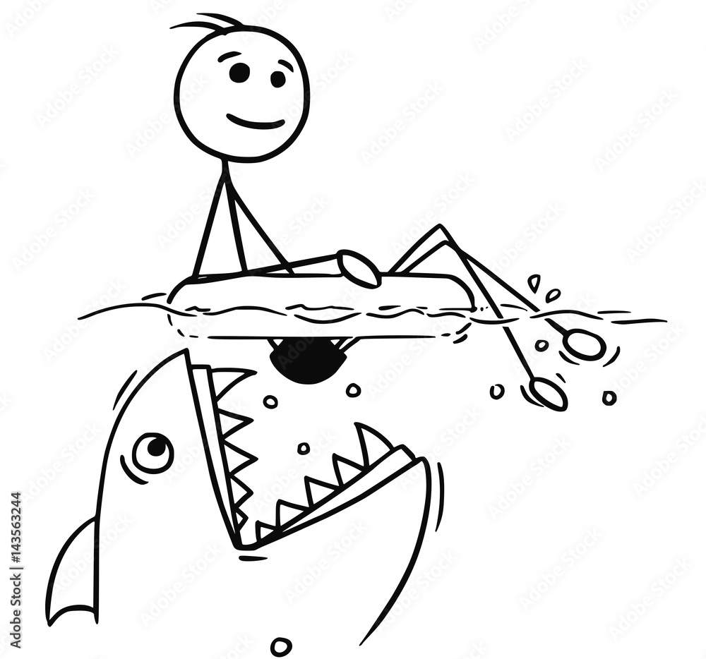 Cartoon Vector Stick Man Relaxing on Swim Ring while Attacked by Large ...