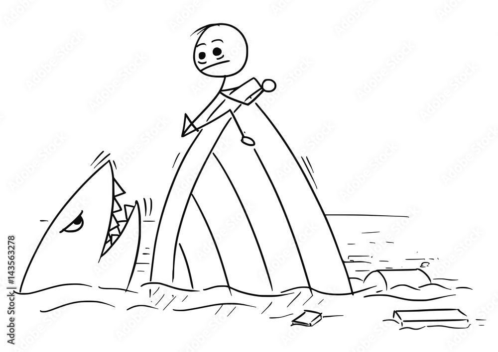 Vector Stick Man Cartoon of Man Holding on the Shipwreck with Shark ...