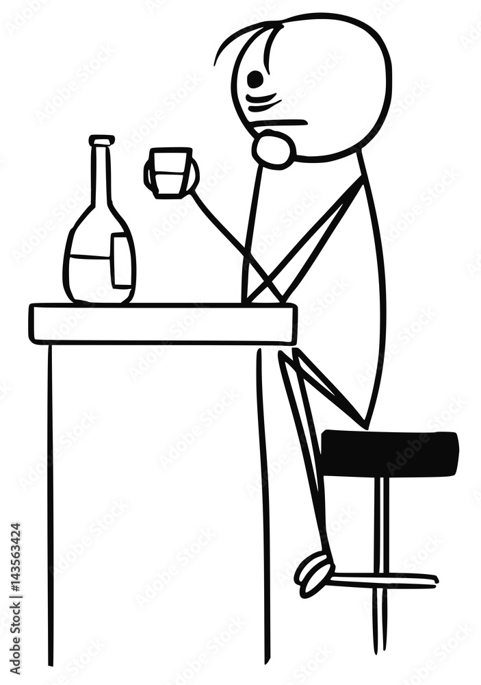 Vector Stickman Cartoon of Sad Man in Depression Drinking Alone on the ...