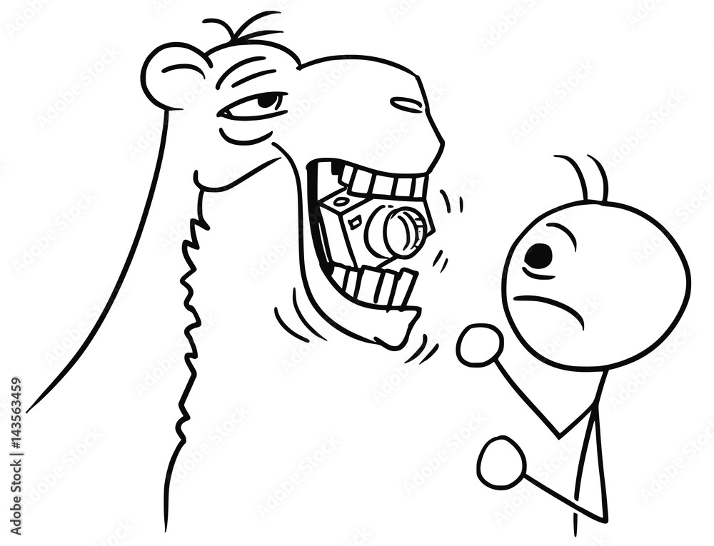 Vector Stickman Cartoon of Camel Eating a Camera Belonging to a Tourist ...