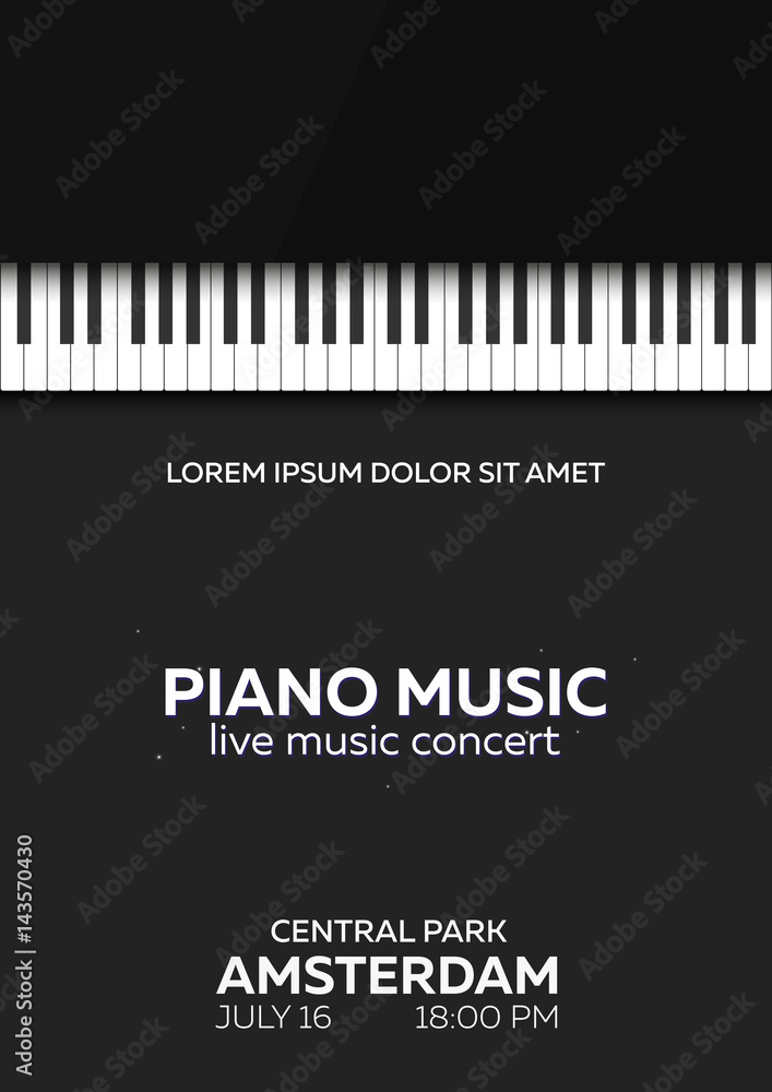 Piano concert poster design. Live music concert. Piano keys. Vector ...