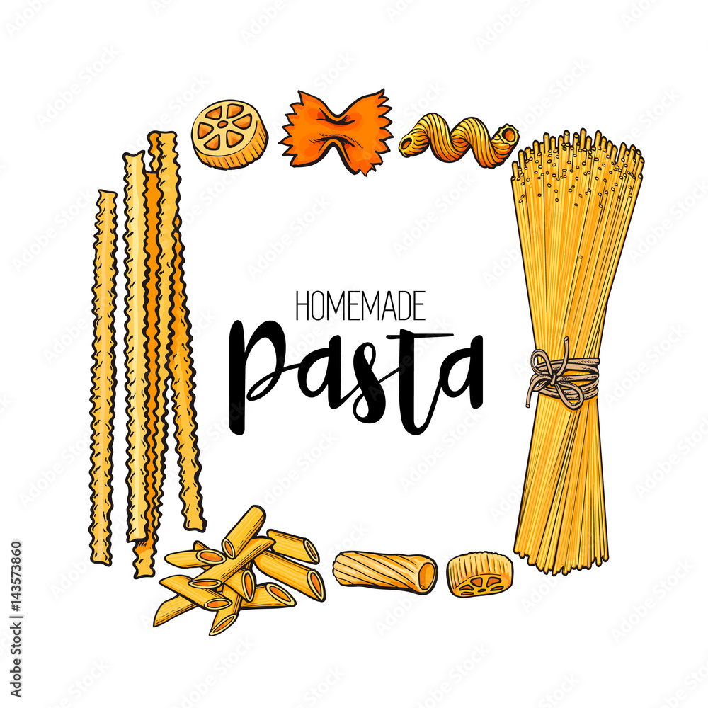 Square frame of uncooked Italian pasta with place for text, sketch ...