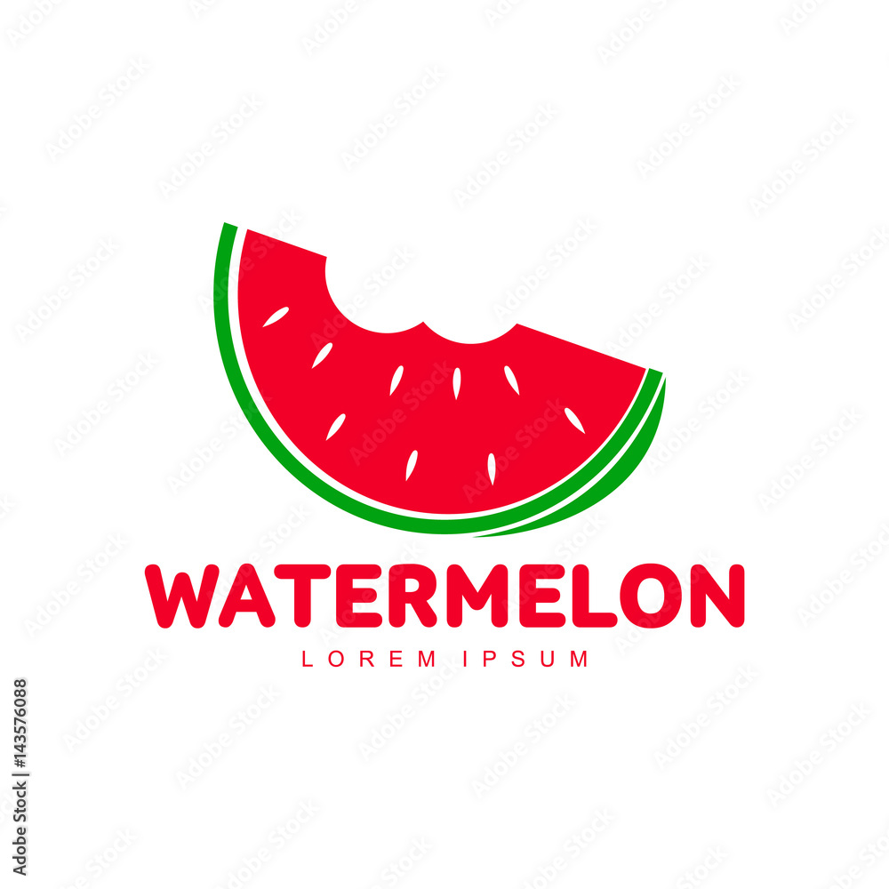 Red and green logo template with stylized watermelon slice with two ...