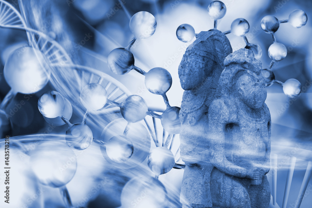 Image of molecular structure, DNA chains and ancient stone sculptures ...