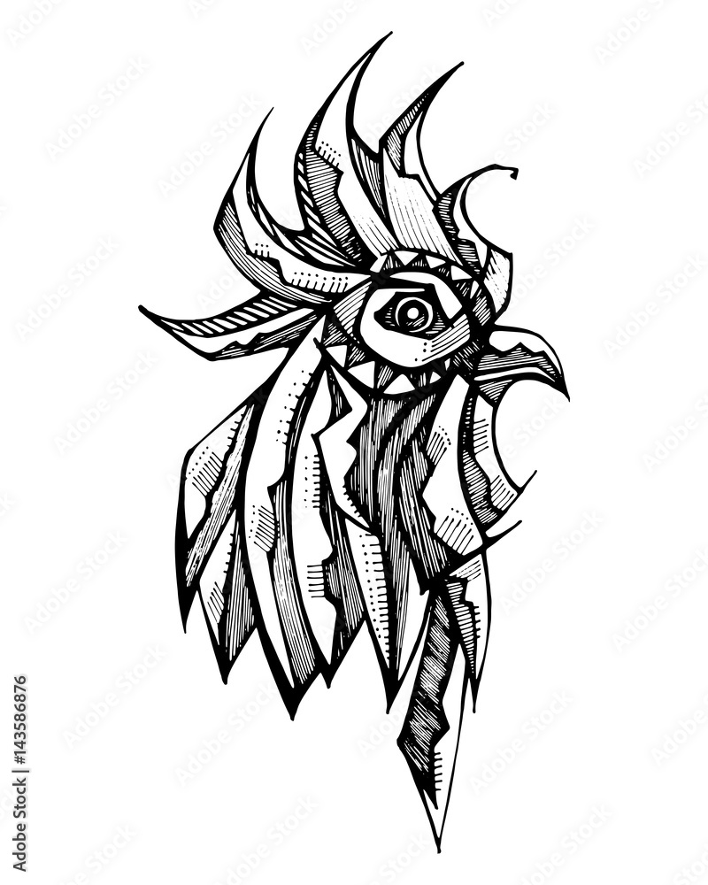 Rooster head ink drawing Stock Vector | Adobe Stock