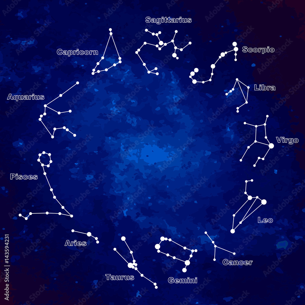 Raster illustration. Set of symbol zodiac sign, constellations, icons ...