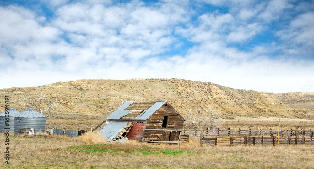 A leaning brown wooden shed collapsing toward a pasture fence with ...