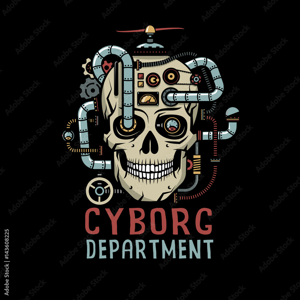 Steampunk Cyborg Skull with pipes, cables, devices, valves. Vector ...