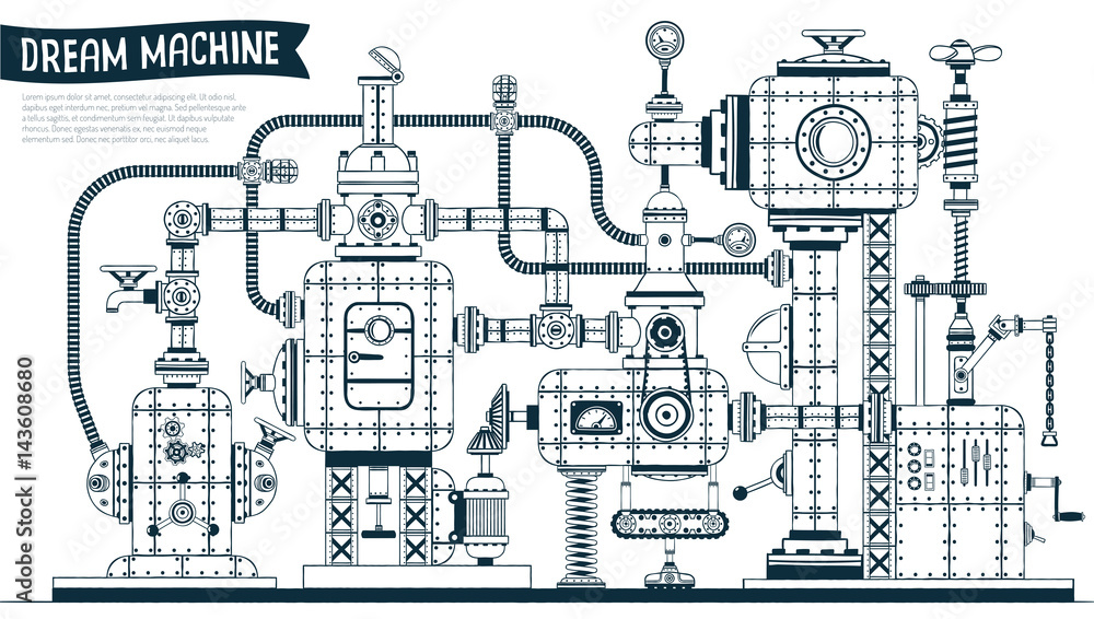 Complex fantastic steampunk machine or apparatus with many elements ...
