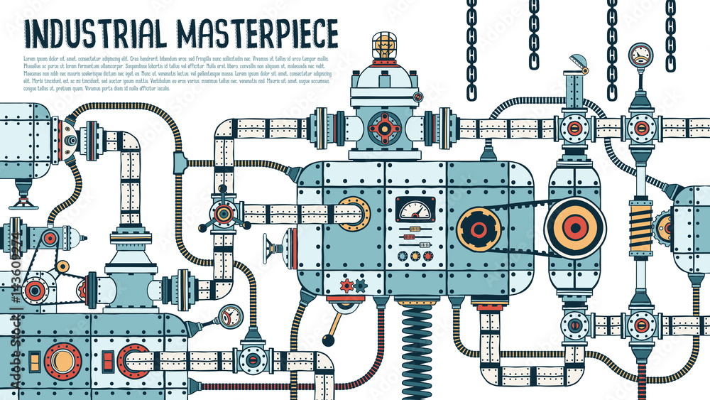 Incredible complex industrial machine with pipes, valves, hoses ...