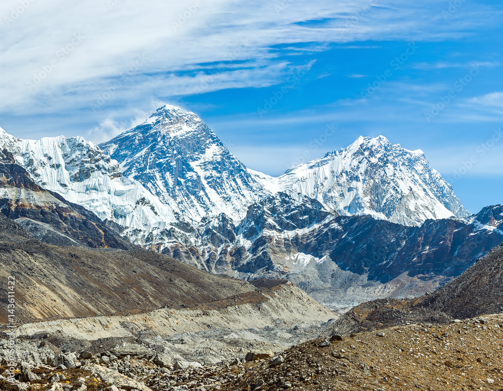 The ridge Mahalangur Himal with Mount Everest (8848 m). View Gokyo ...