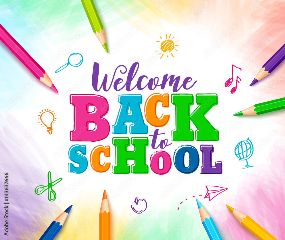 Welcome back to school vector design with colorful text and drawings by ...