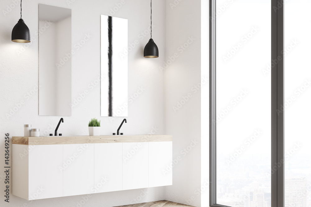 Double sink, white wall, side view Stock Photo | Adobe Stock