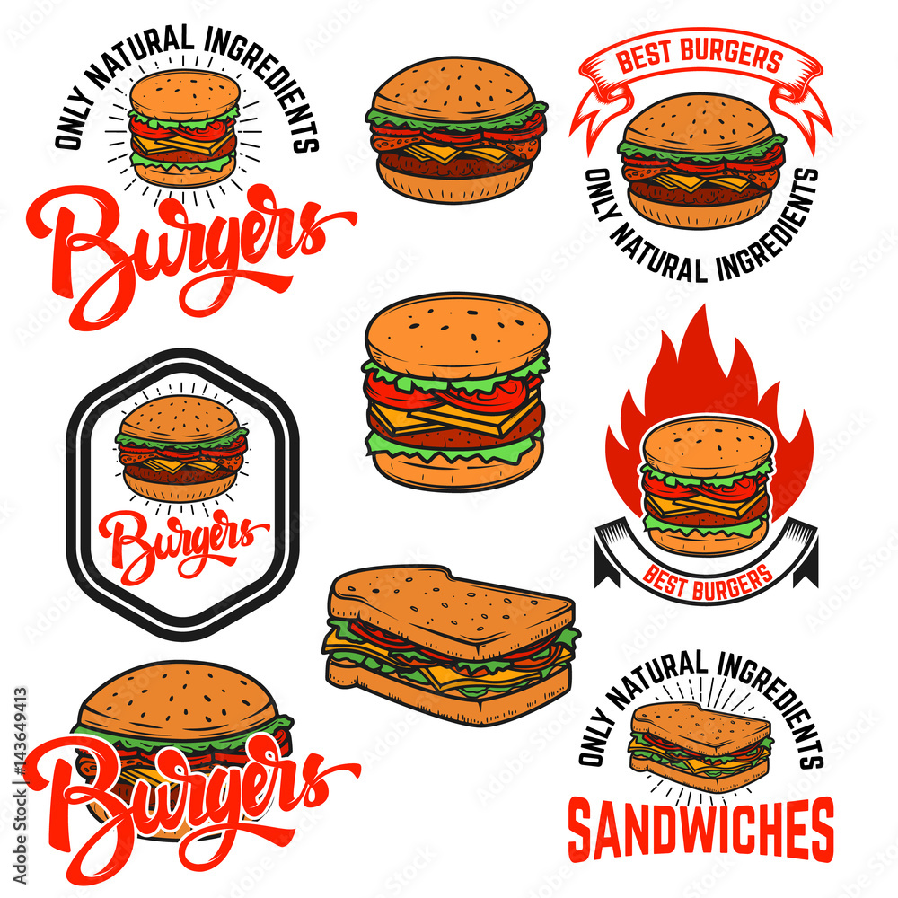 Set of burgers and sandwiches emblems isolated on white background ...