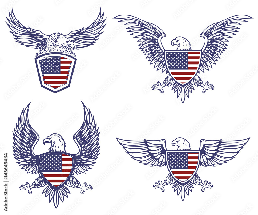 Set of the emblems with eagles on usa flag background. Design elements ...