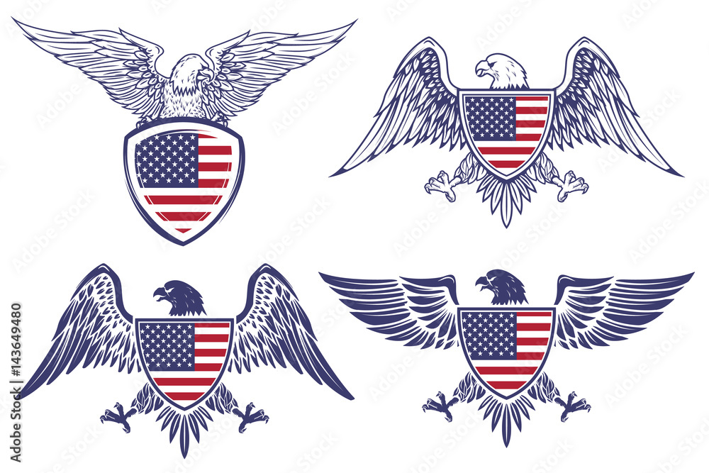 Set of the emblems with eagles on usa flag background. Design elements ...