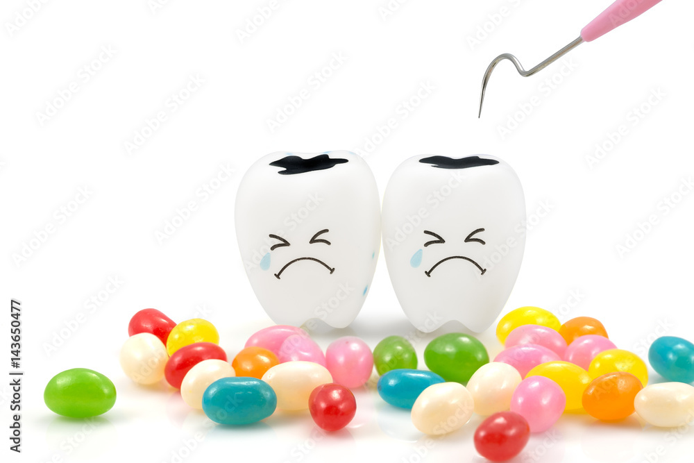 Teeth crying emotion with dental plaque cleaning tool and candy ...