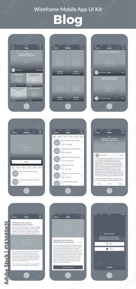 Wireframe UI kit for mobile phone. Mobile App. Blog, articles, channel ...