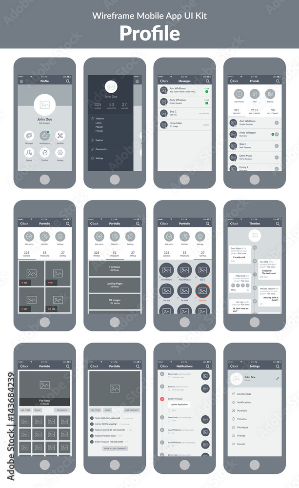 Wireframe UI kit for mobile phone. Mobile App. Menu, messages ...