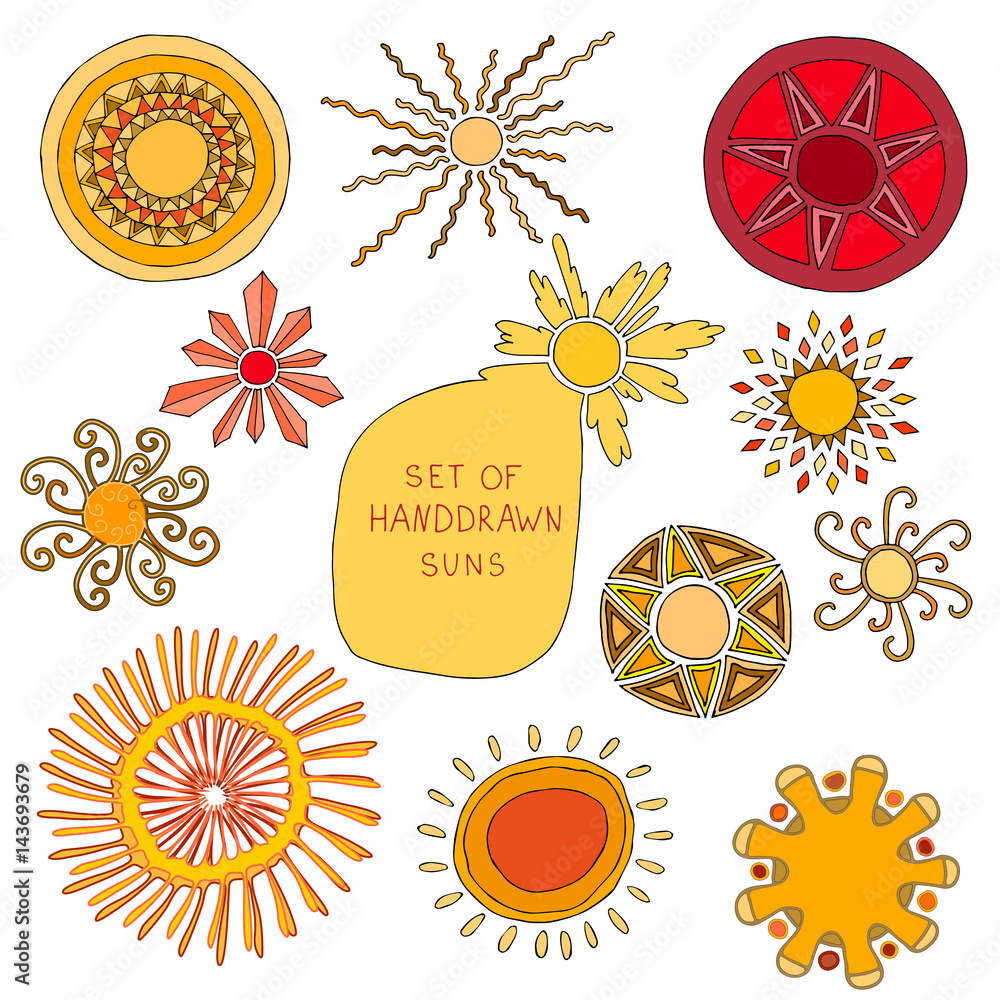 Set of hand drawn sketches of the sun. Vector illustration in doodle ...