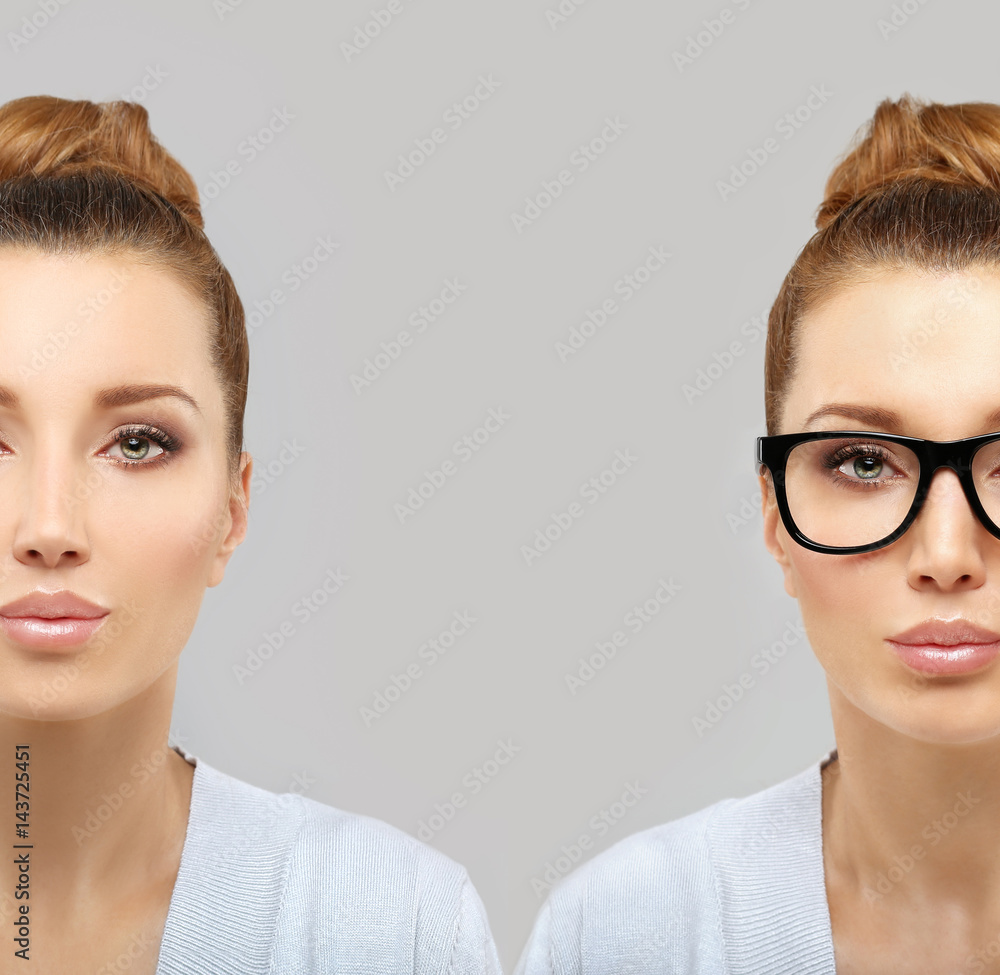 Woman wearing black glasses and without glasses Stock Photo | Adobe Stock