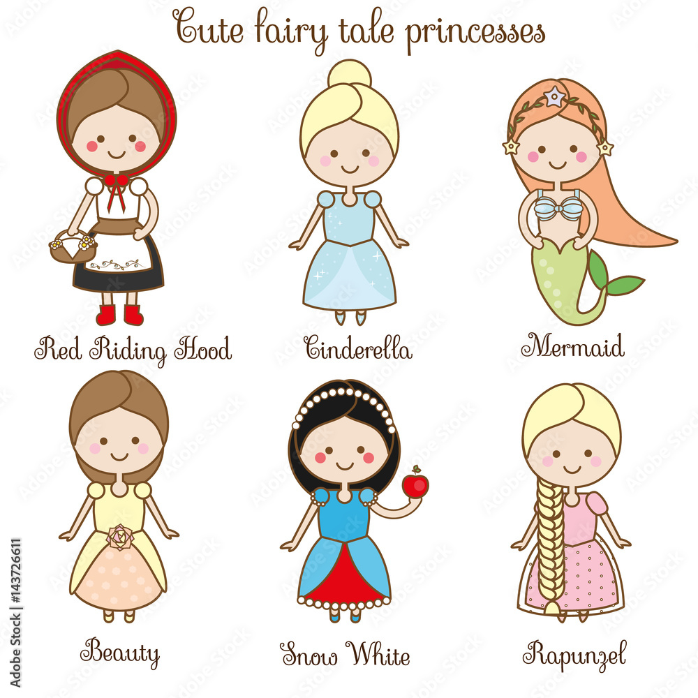 Cute kawaii fairy tales characters. Snow white, red riding hood ...