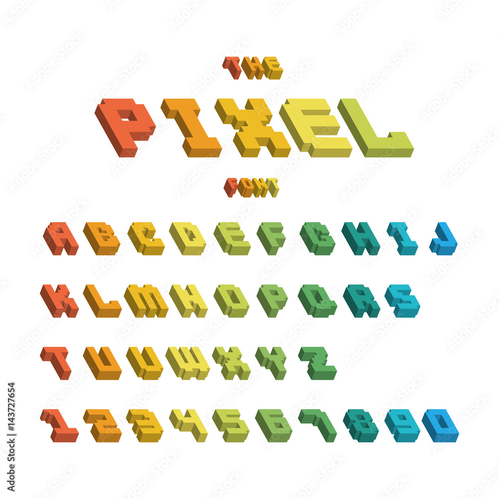 Pixel retro font video computer game design 8 bit letters numbers electronic futuristic style ...