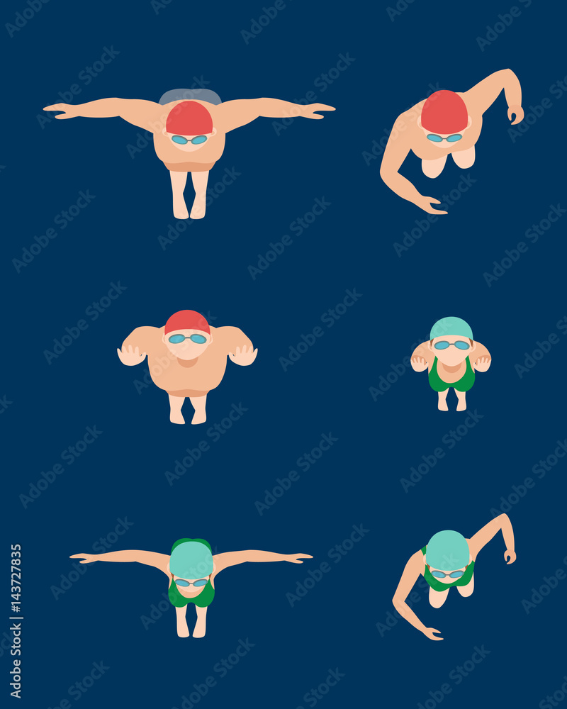 Vector illustration of swimming style scheme different swimmers man and ...