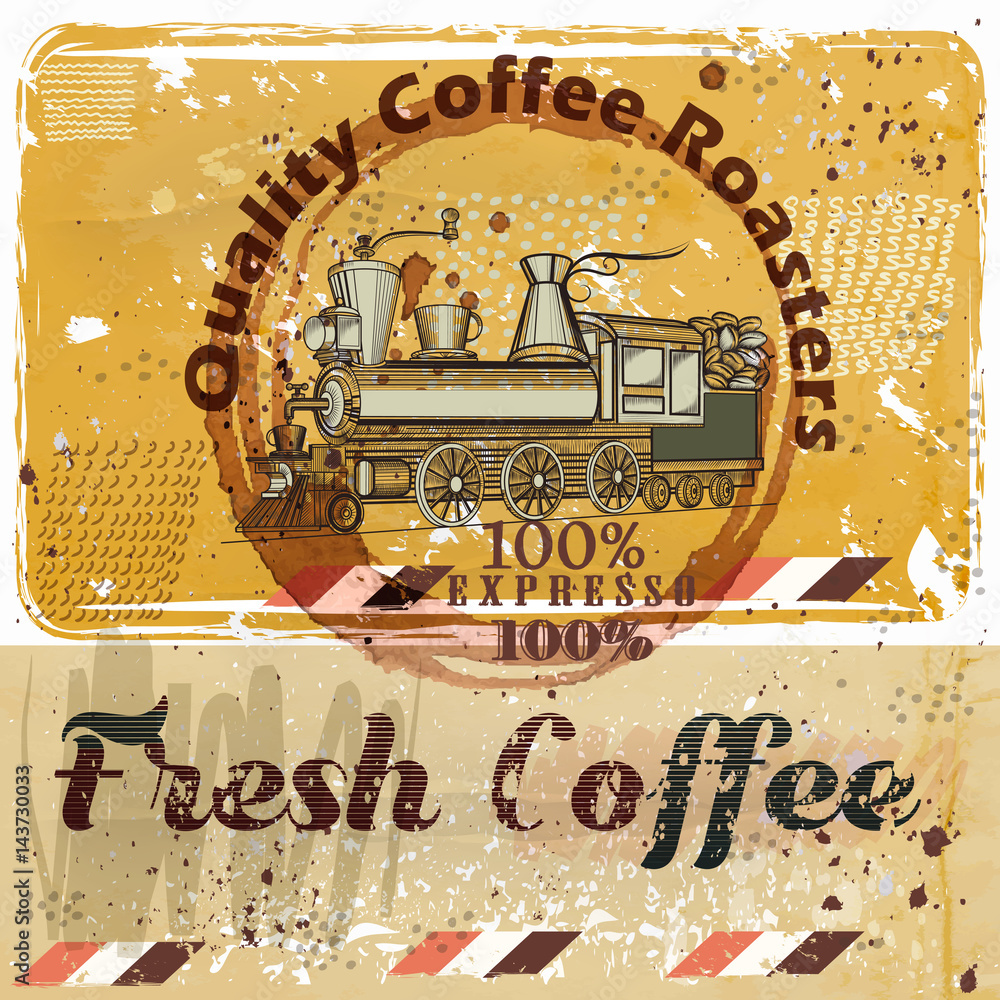 Coffee poster with train, coffee grains on a grunge retro background ...