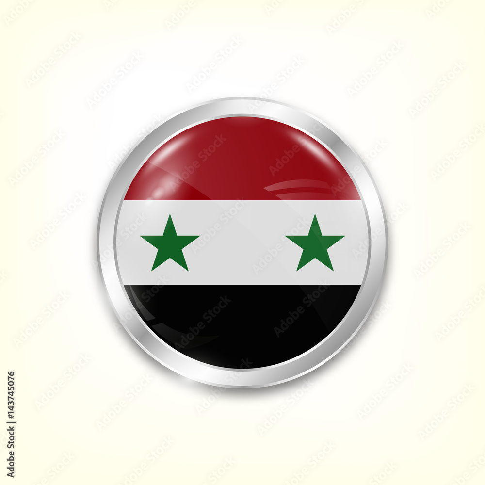 Round button national flag of Syria with the reflection of light and ...