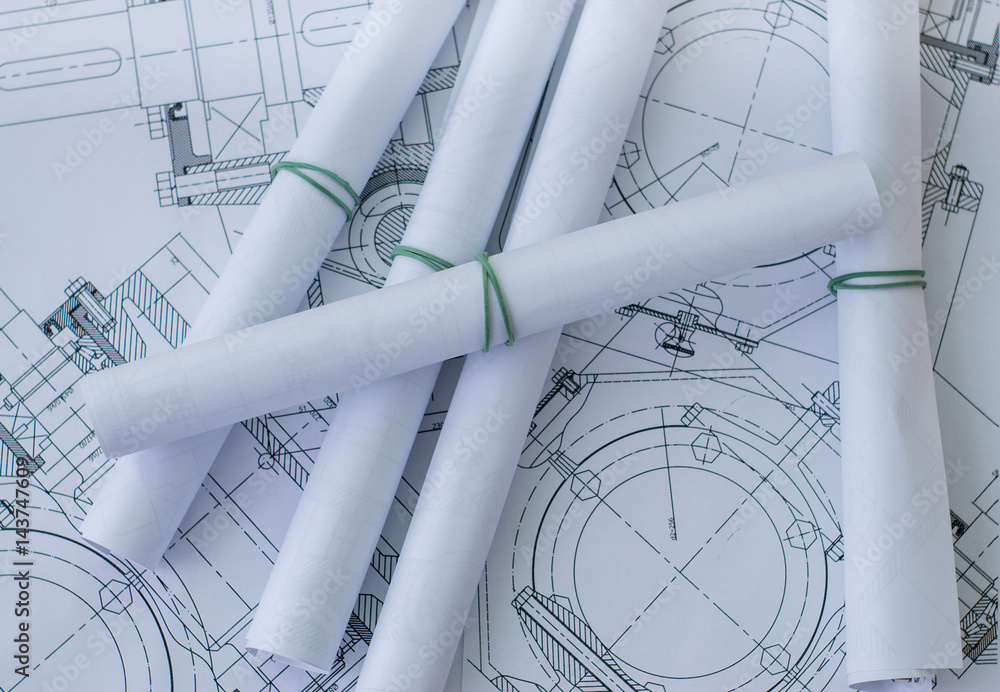 Foto de Engineering drawings on paper. Several drawings in a roll. do ...