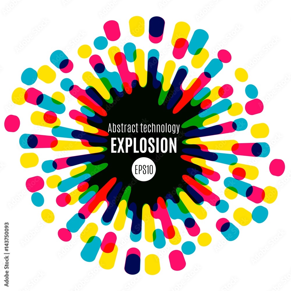 Modern colorful flat sun. Fun liquid circle explosion with drops and ...