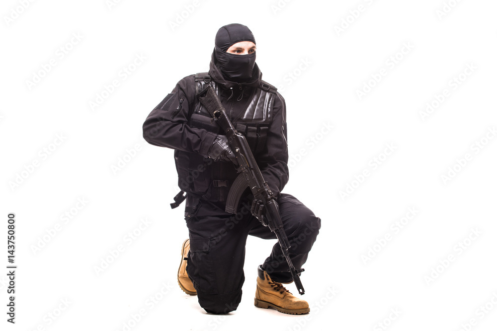 terrorist with machine gun isolated on white background Stock Photo ...