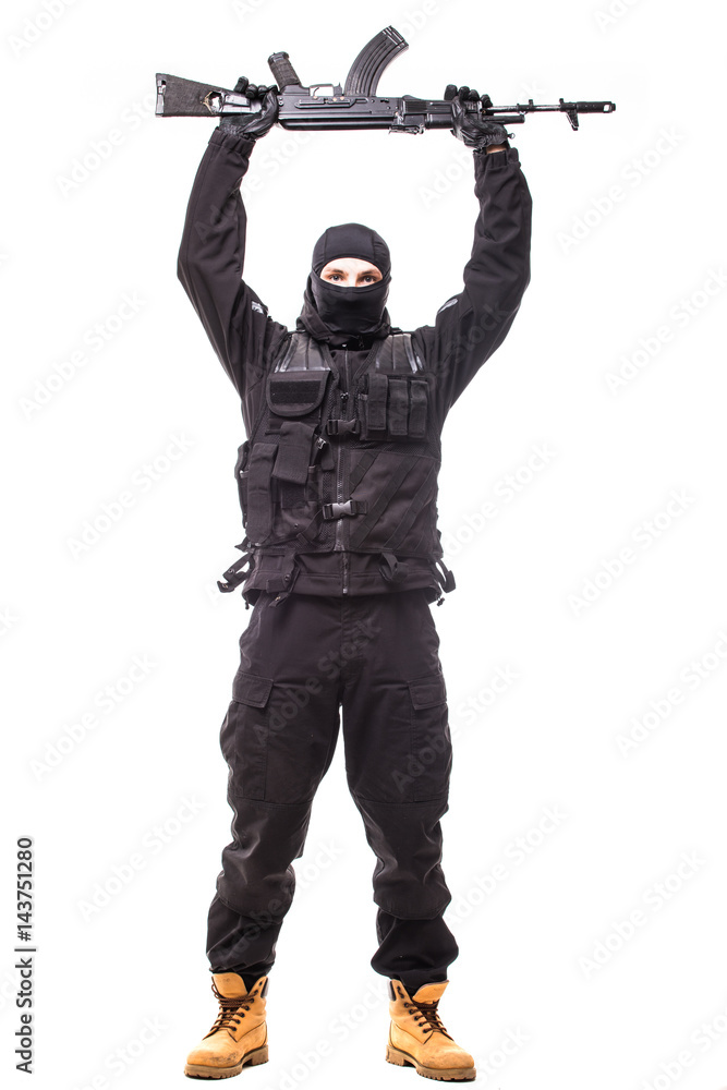 army soldier man weapon over head on studio isolated on white ...